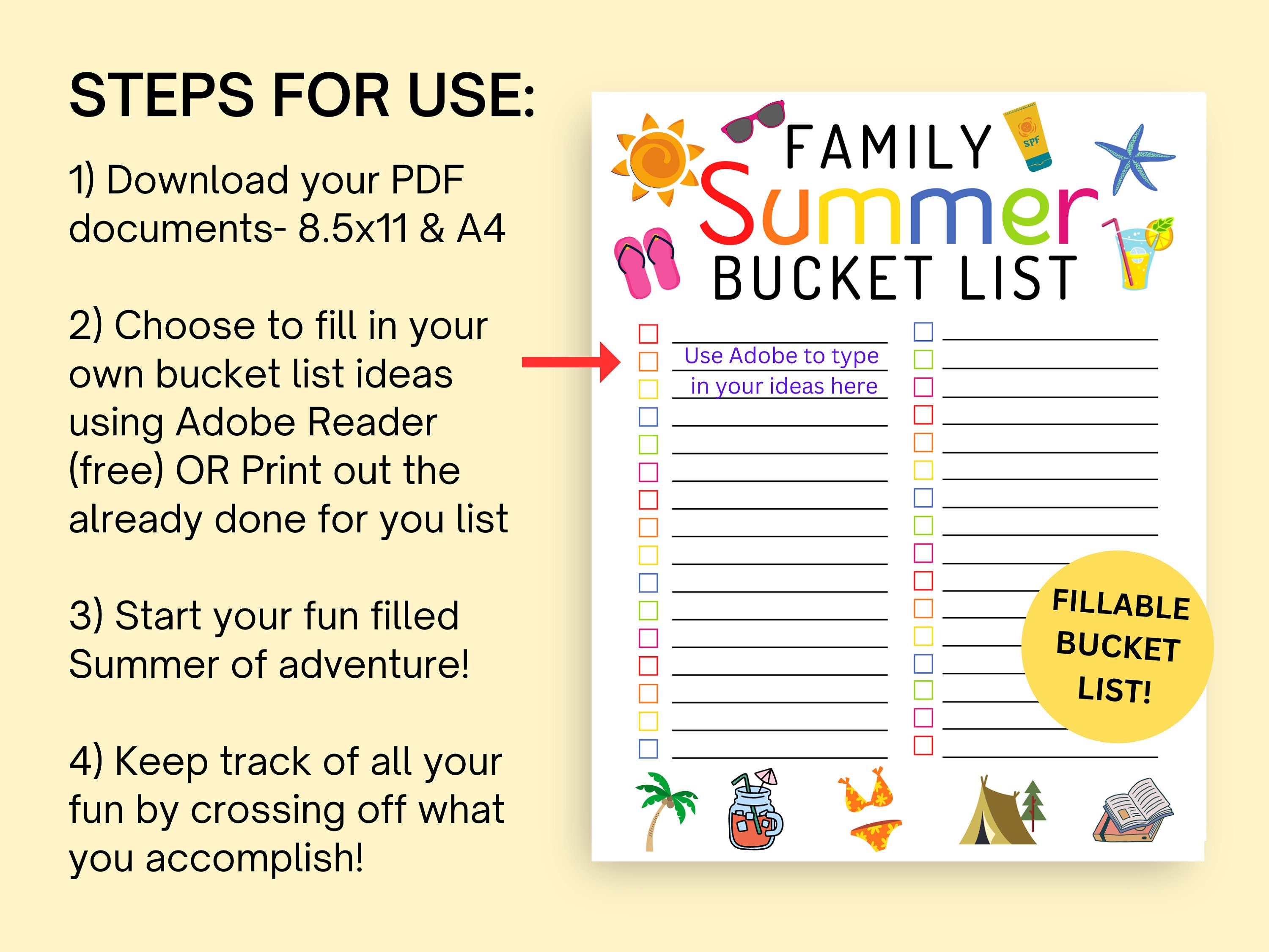 Printable Summer Bucket List, Editable Bucket List, Fillable Summer to ...