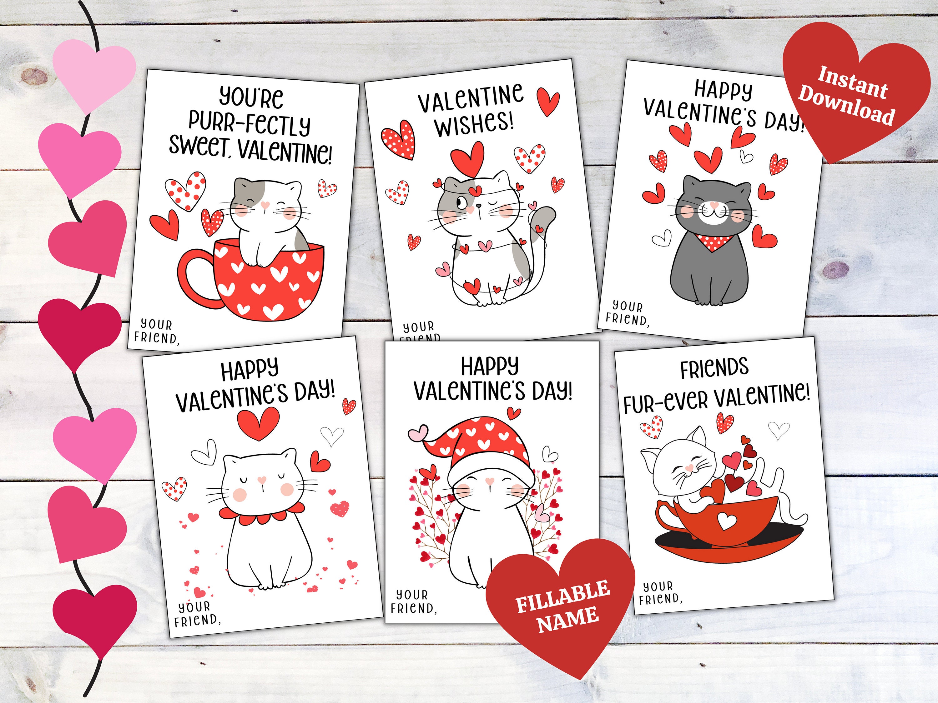 Printable Cat Valentine Cards, Kids Valentine Cards, Editable Classroom ...