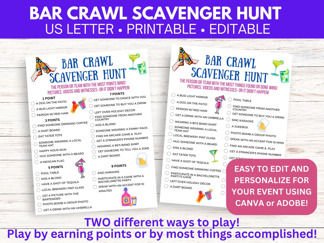 Bar Crawl Scavenger Hunt Adult Drinking Game, Pub Crawl, Bar Games - Etsy