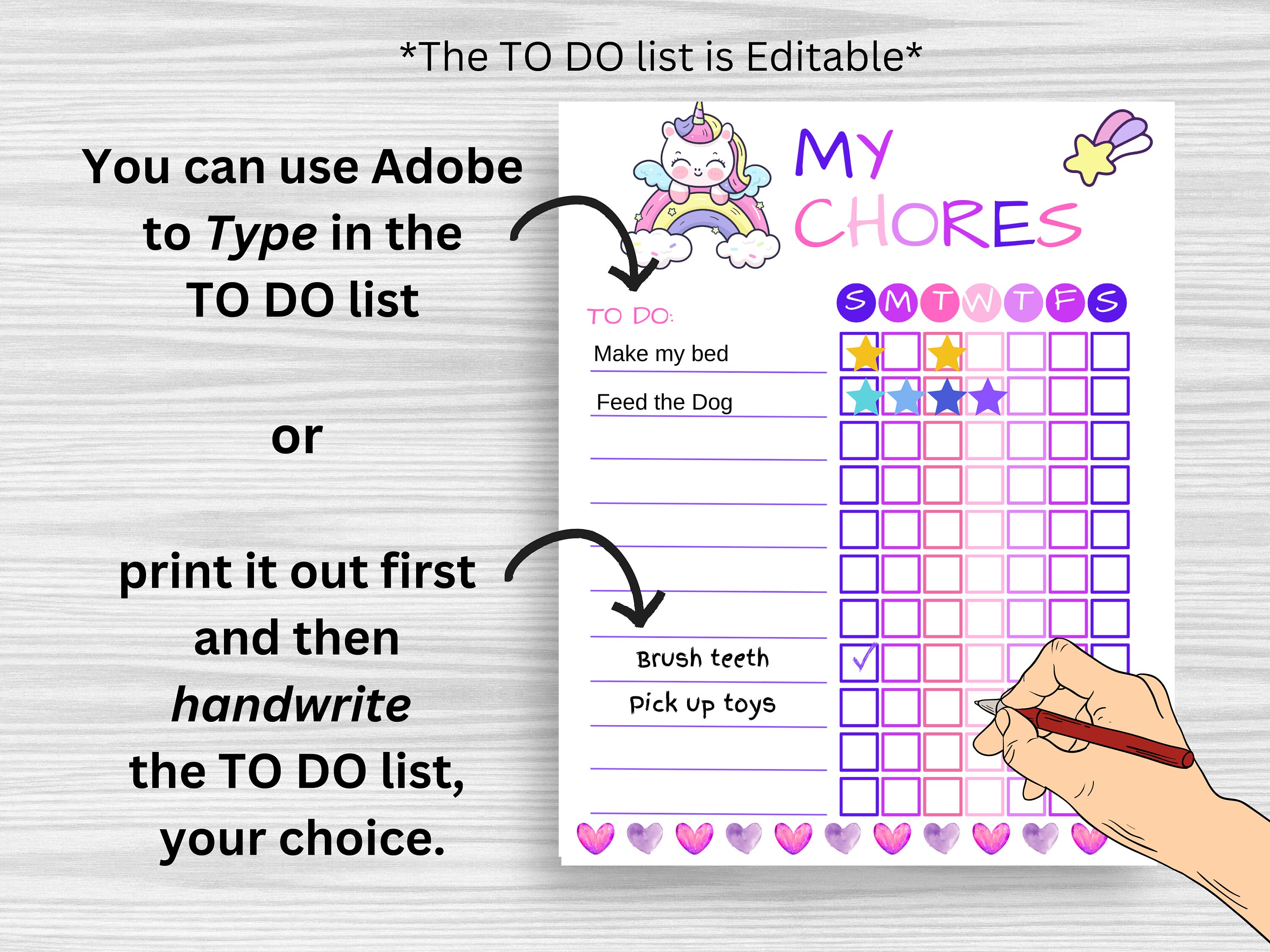 Printable Kids Chore Chart, Unicorn Chore Chart, Editable Chore Chart ...