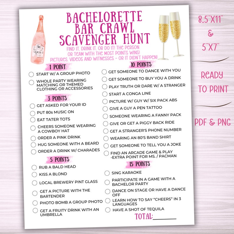 Bachelorette Bar Crawl Scavenger Hunt, Bachelorette Party Scavenger ...