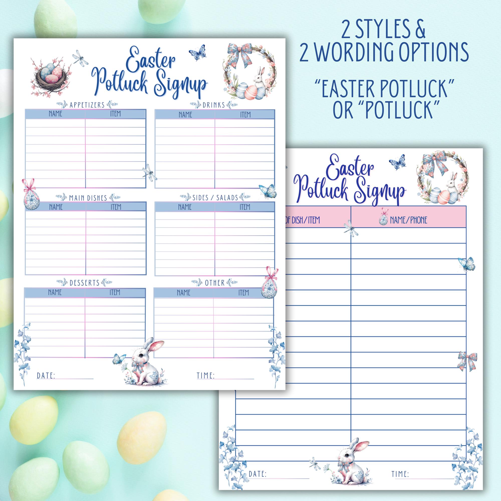 Easter Potluck Signup Sheet, Printable Signup Sheet for Office, Potluck ...