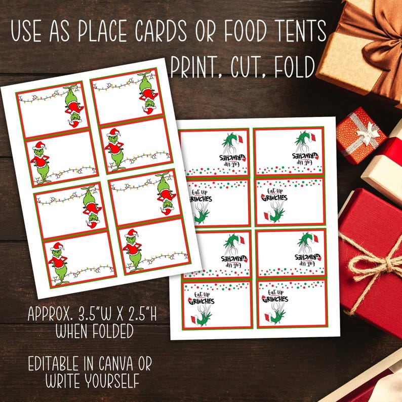 Grinch Holiday Party Food Tent Card, Editable Grinchmas Party Place ...