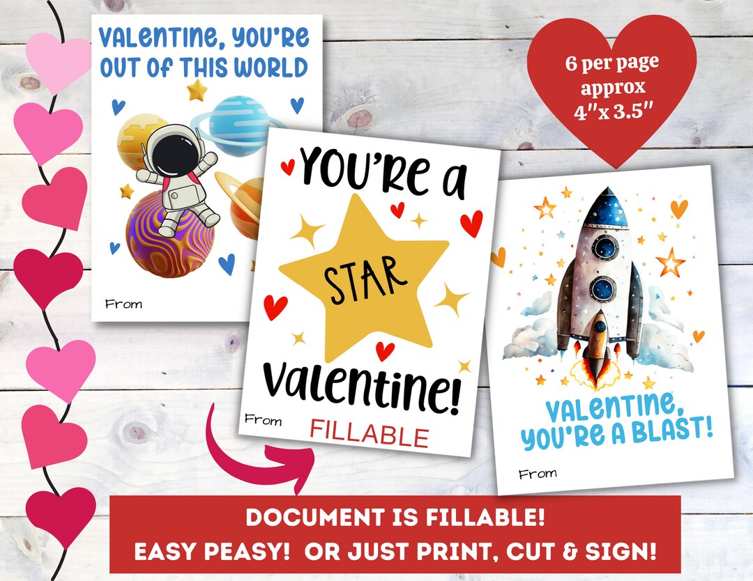 Outer Space Valentine Card, Printable Class Valentines, Editable Kids ...