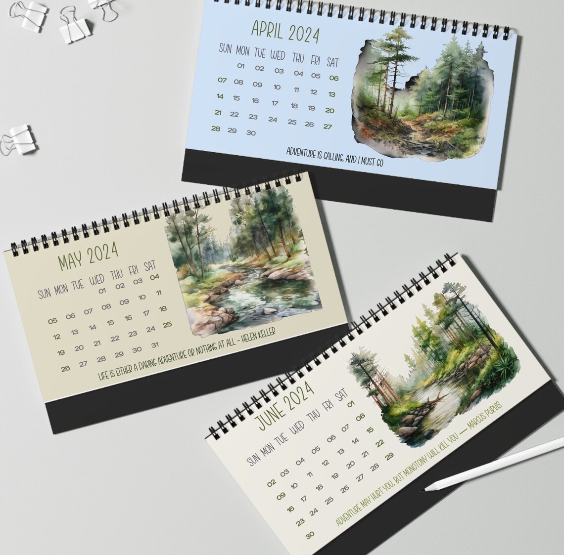 2024 Desk Calendar Watercolor Forest Landscapes and Adventure Quotes ...