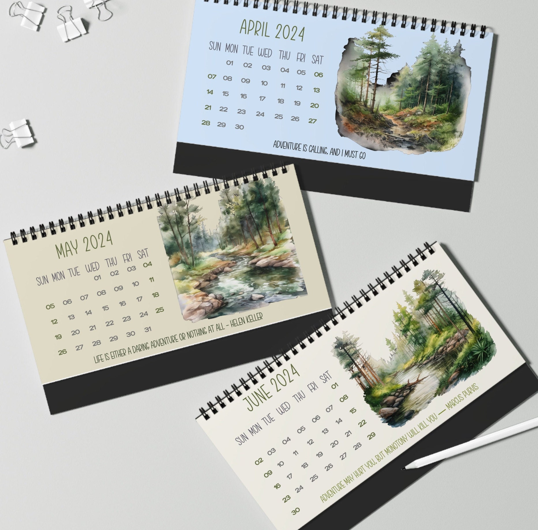 2024 Desk Calendar Watercolor Forest Landscapes and Adventure Quotes ...