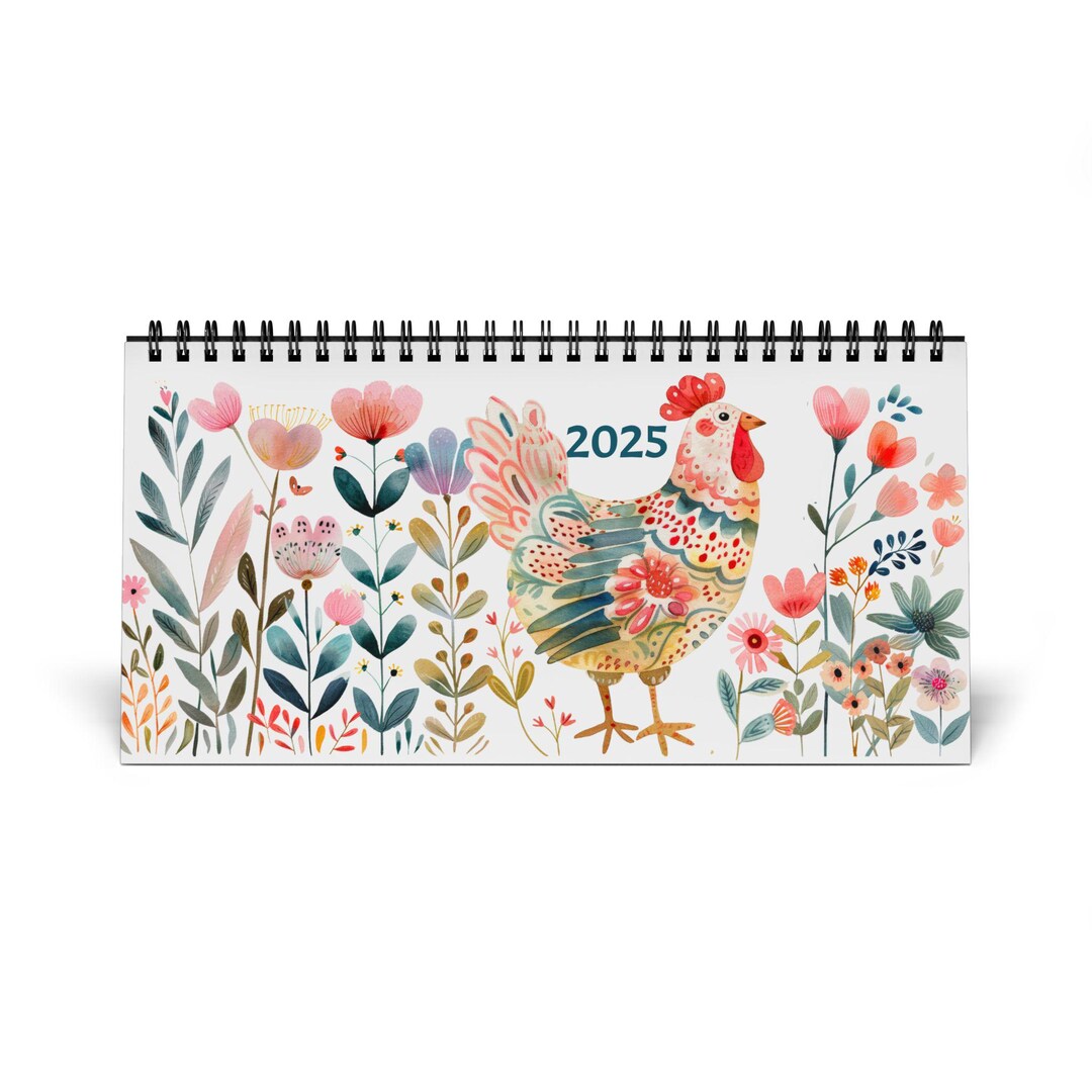 2025 Desktop Chicken Calendar, Folk Art Chicken Calendar, Flowers and ...