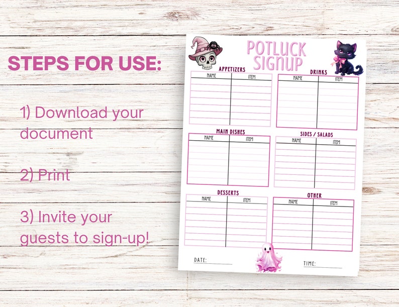 Halloween Potluck Sign up Sheet, Printable Potluck Signup, Retro Pink ...