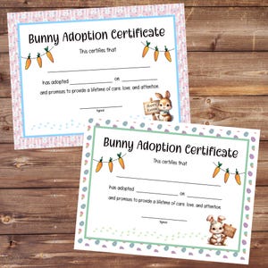 Easter Bunny Adoption Certificate, Printable Rabbit Adoption, Editable ...