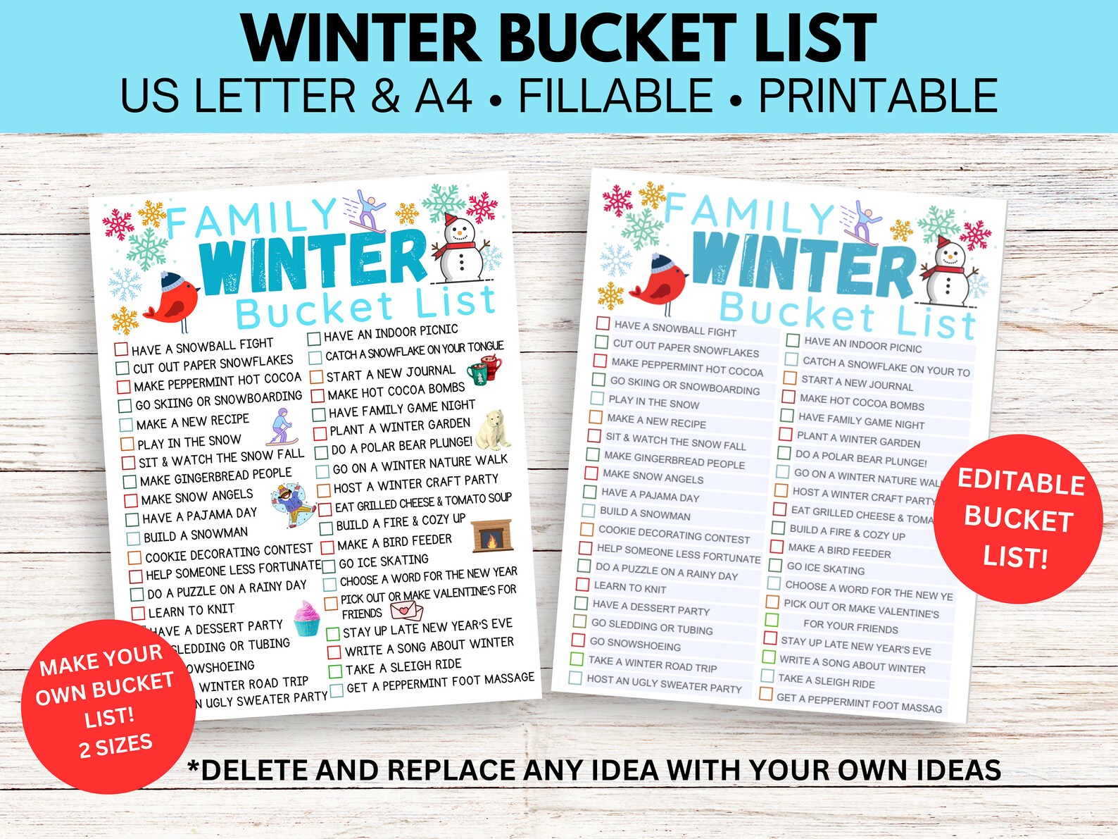 Winter Bucket List Printable, Fillable Family Winter Planner Checklist ...