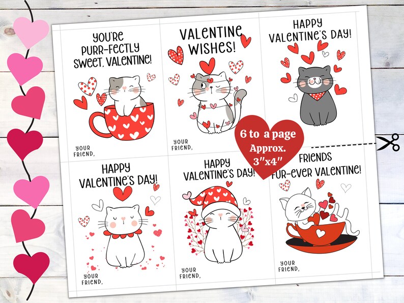 Printable Cat Valentine Cards, Kids Valentine Cards, Editable Classroom ...