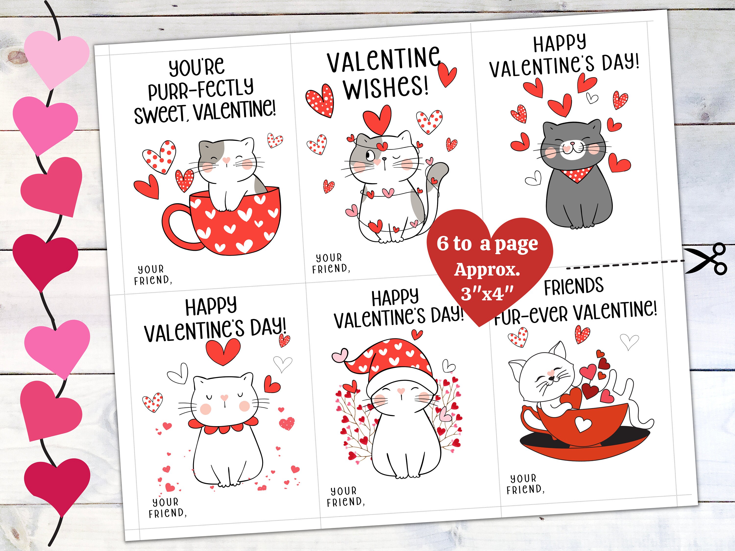 Printable Cat Valentine Cards, Kids Valentine Cards, Editable Classroom ...