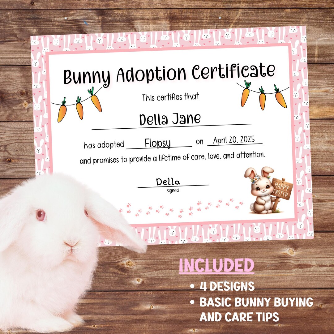 Easter Bunny Adoption Certificate, Printable Rabbit Adoption, Editable ...