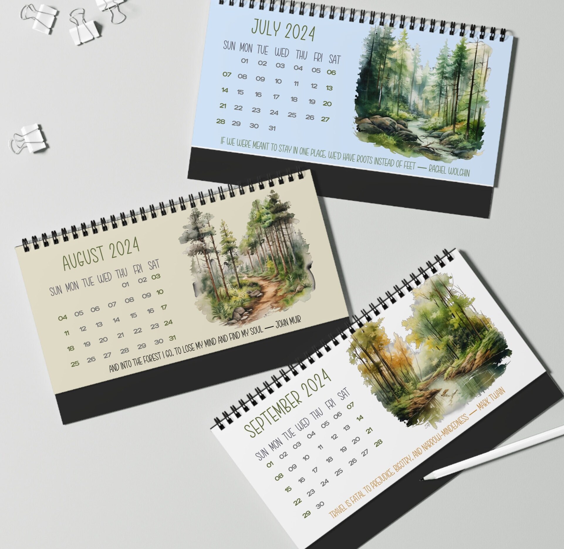 2024 Desk Calendar Watercolor Forest Landscapes and Adventure Quotes ...