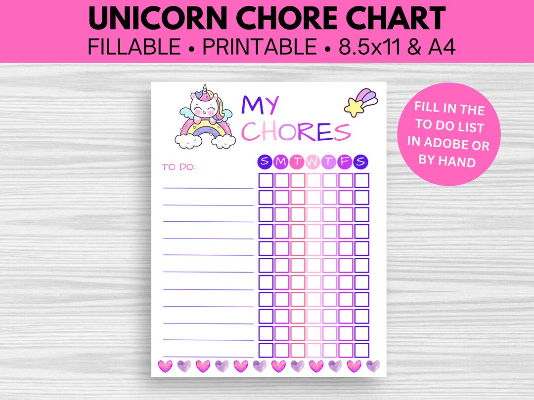 Printable Kids Chore Chart, Unicorn Chore Chart, Editable Chore Chart ...