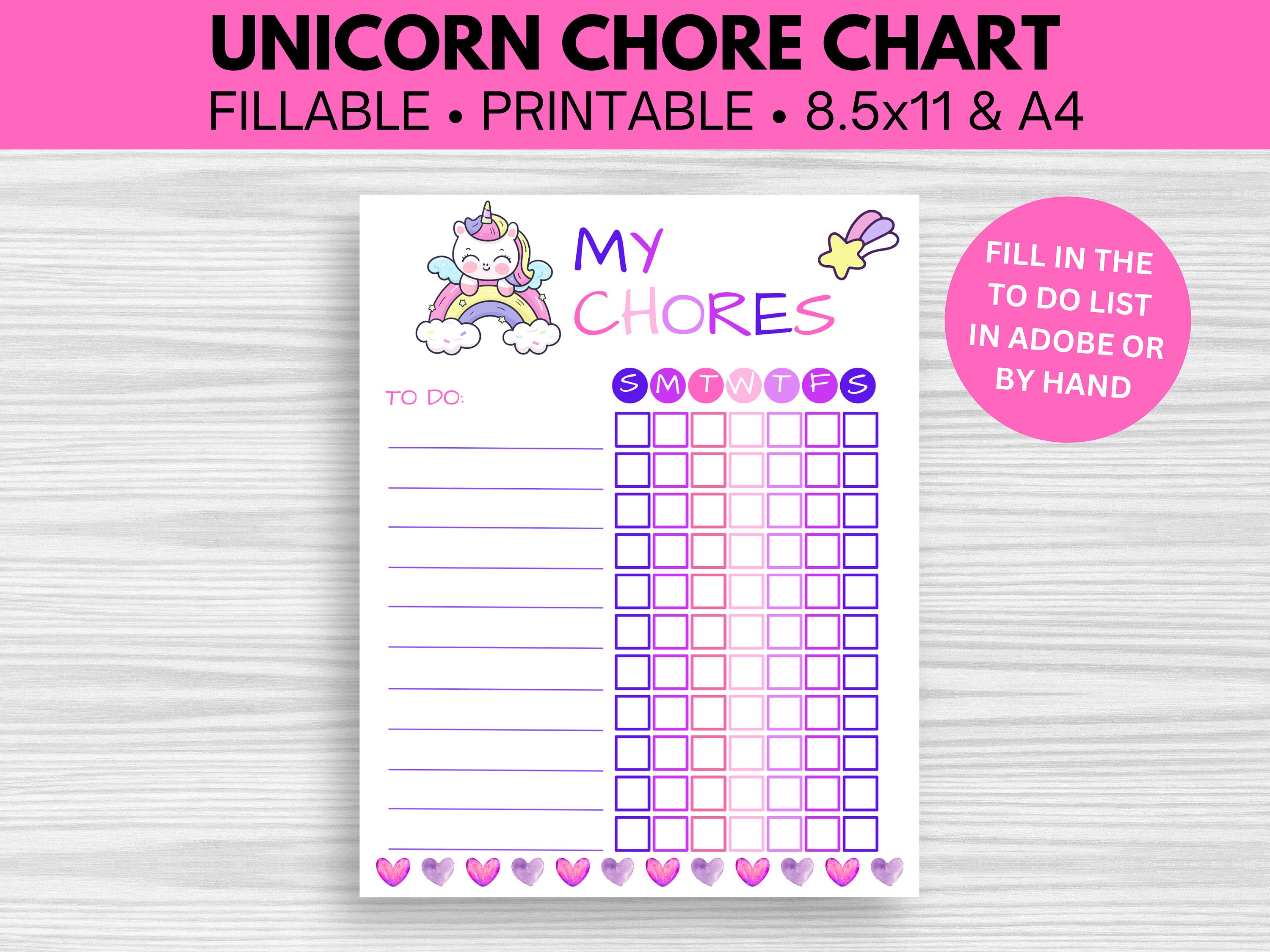 Printable Kids Chore Chart, Unicorn Chore Chart, Editable Chore Chart ...