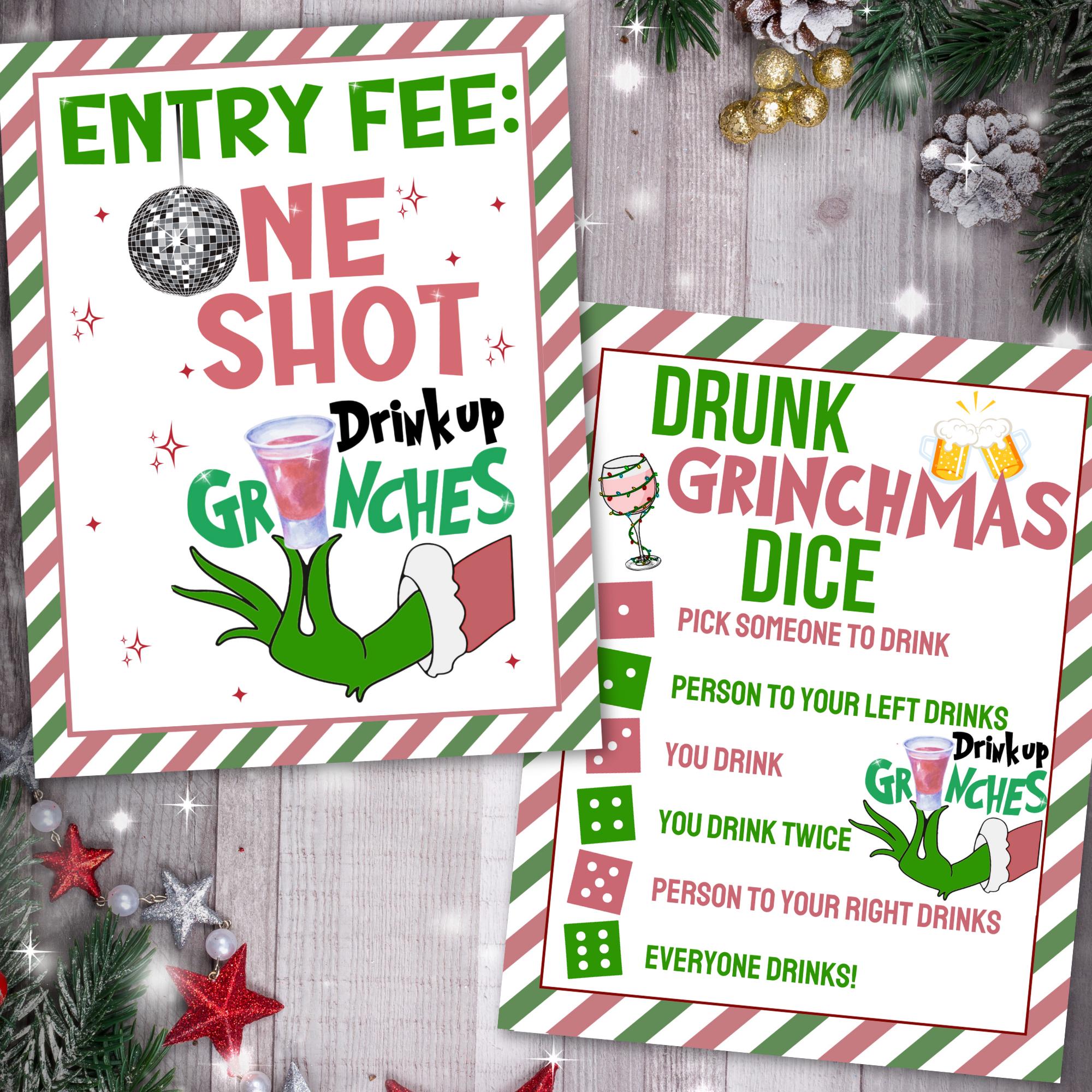 Pink Grinch Entry Fee One Shot and Drunk Dice Bundle, Grinchmas Party ...