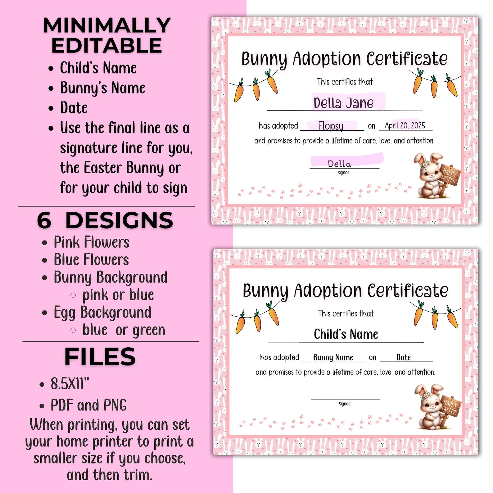 Easter Bunny Adoption Certificate, Printable Rabbit Adoption, Editable ...