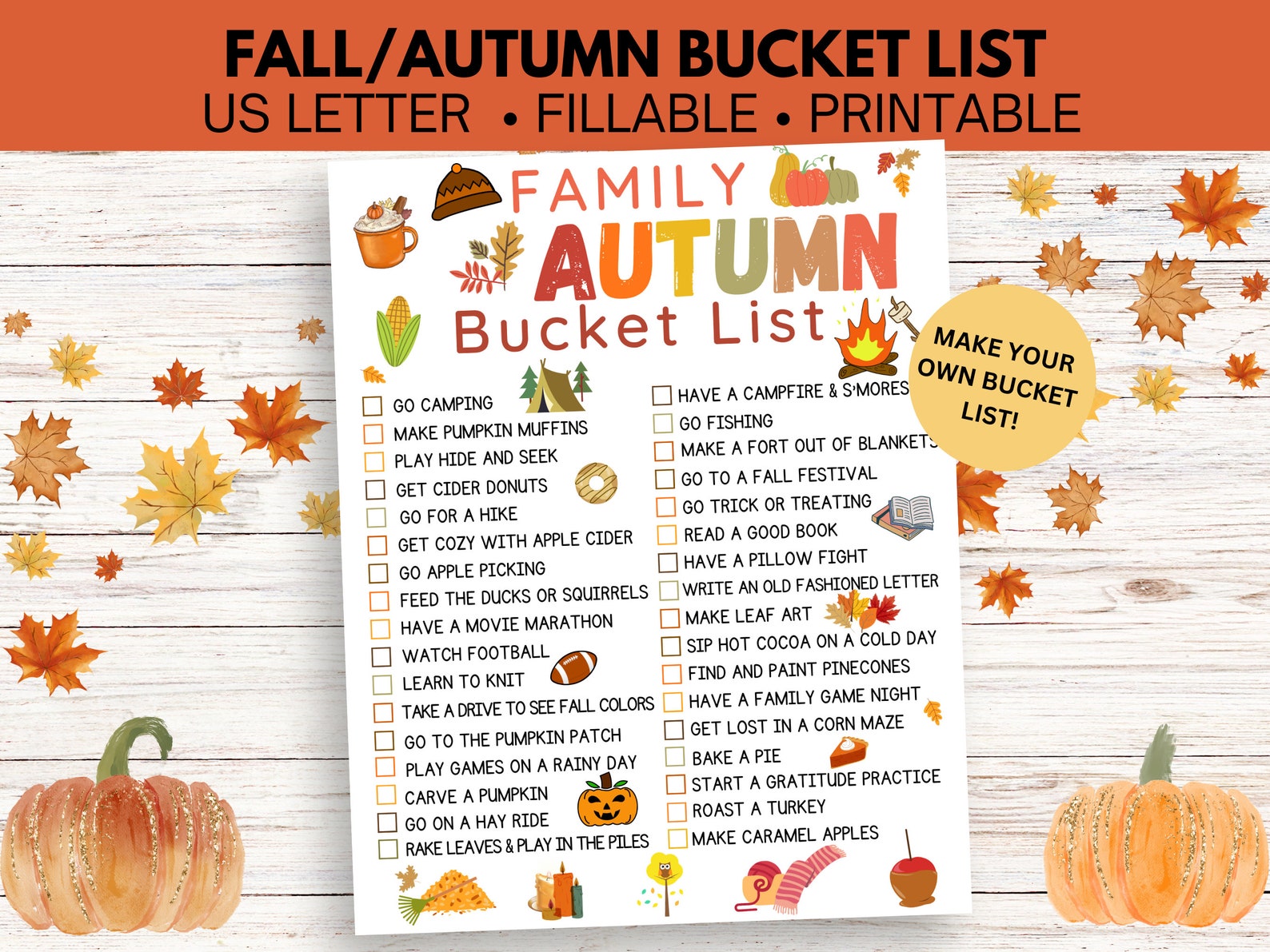 Fall Bucket List, Printable Autumn Bucket List, Bucketlist Editable ...