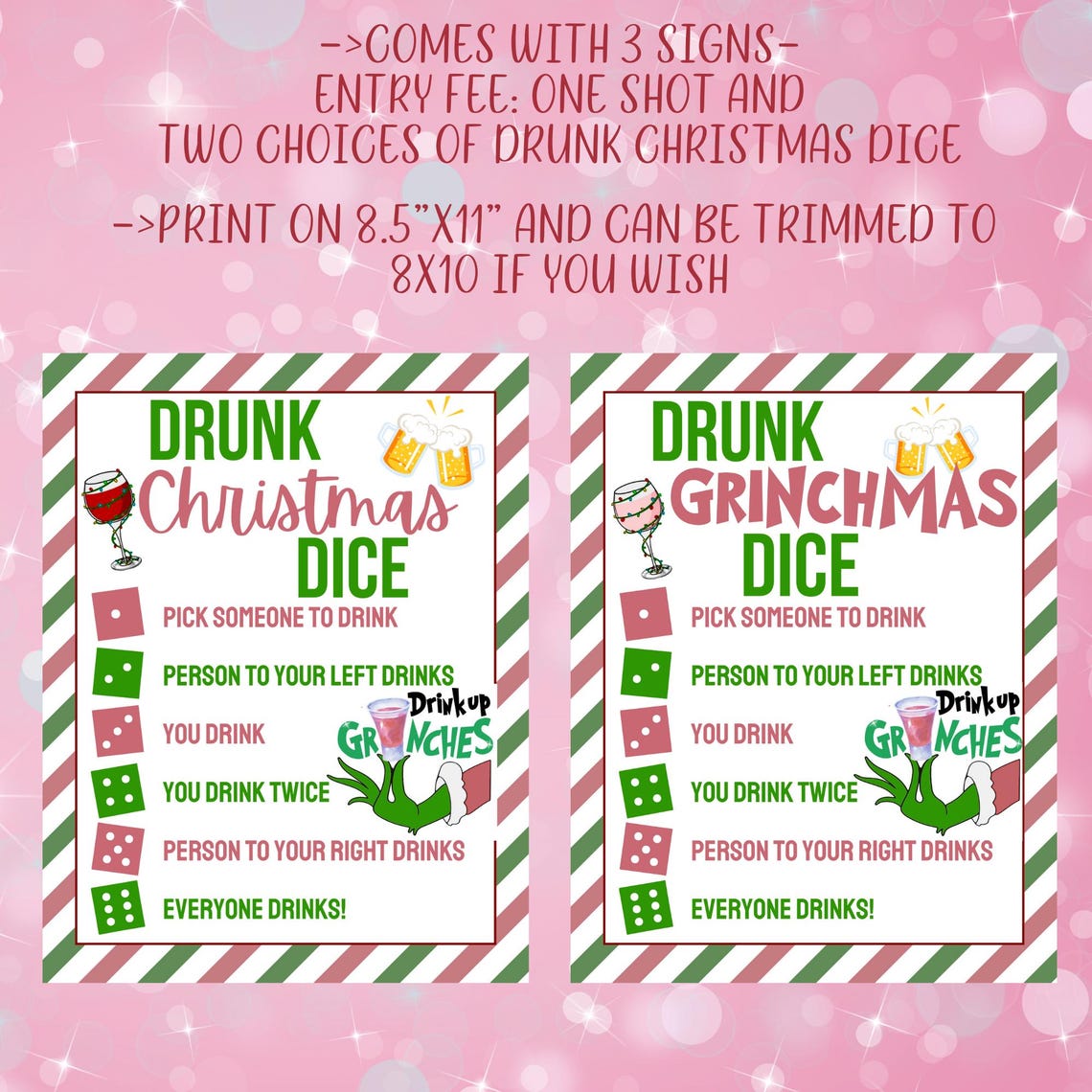 Pink Grinch Entry Fee One Shot and Drunk Dice Bundle, Grinchmas Party ...