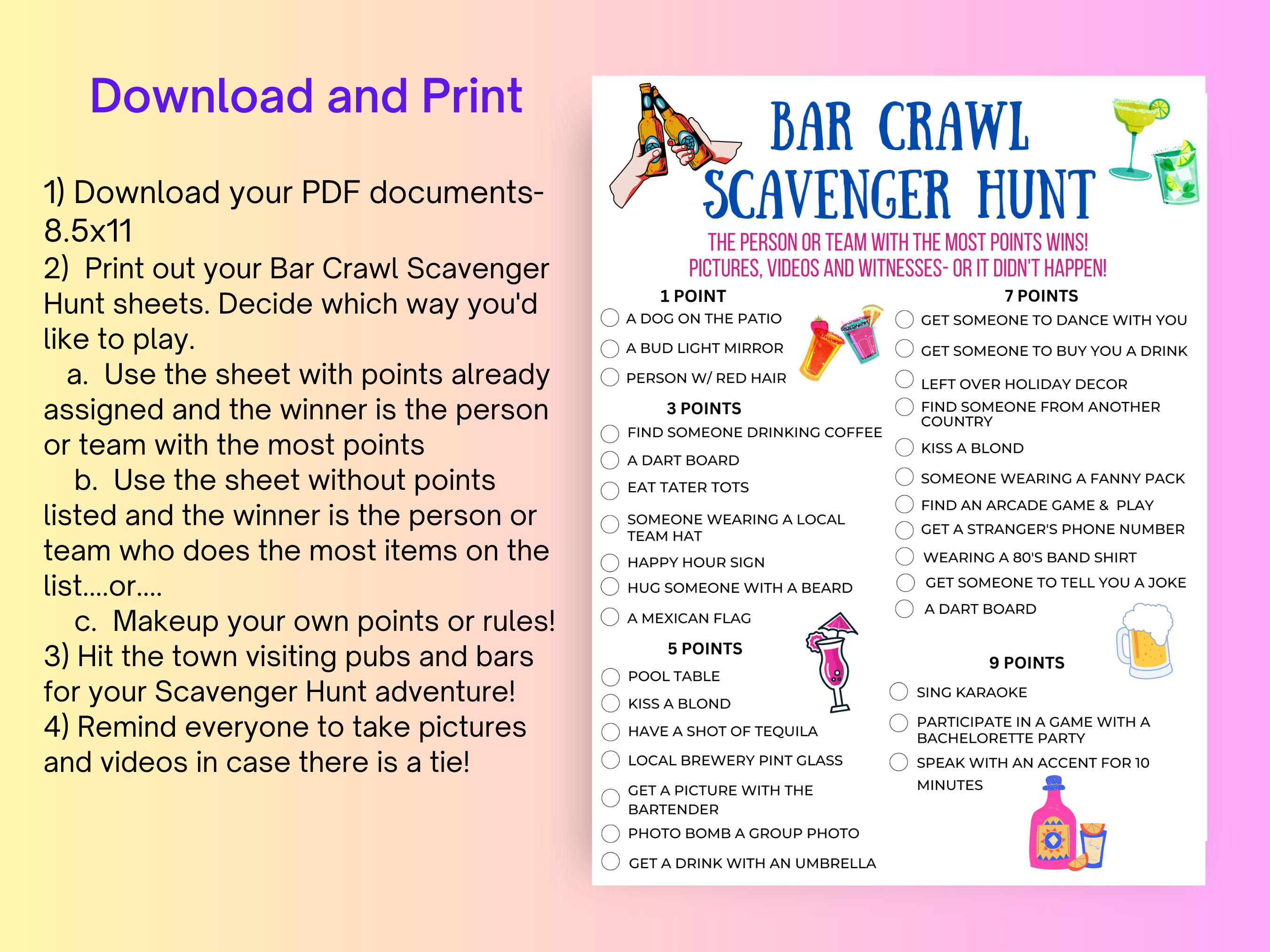 Bar Crawl Scavenger Hunt Adult Drinking Game, Pub Crawl, Bar Games - Etsy