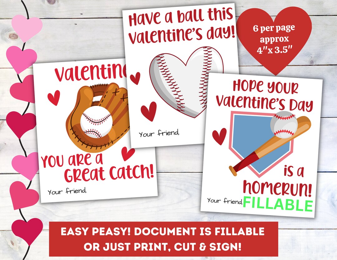 Baseball Valentine Card, Printable Classroom Valentines, Fillable ...