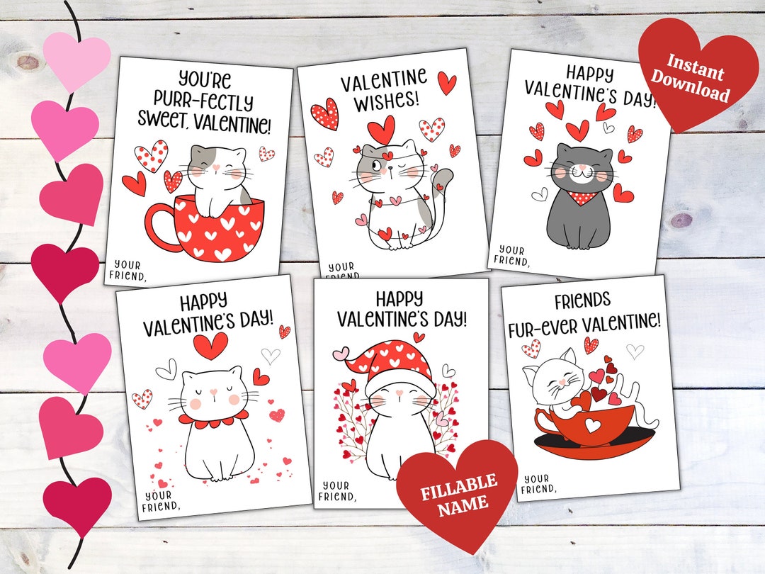 Cat Valentine Cards, Printable Kids Valentine Cards, Editable Classroom ...