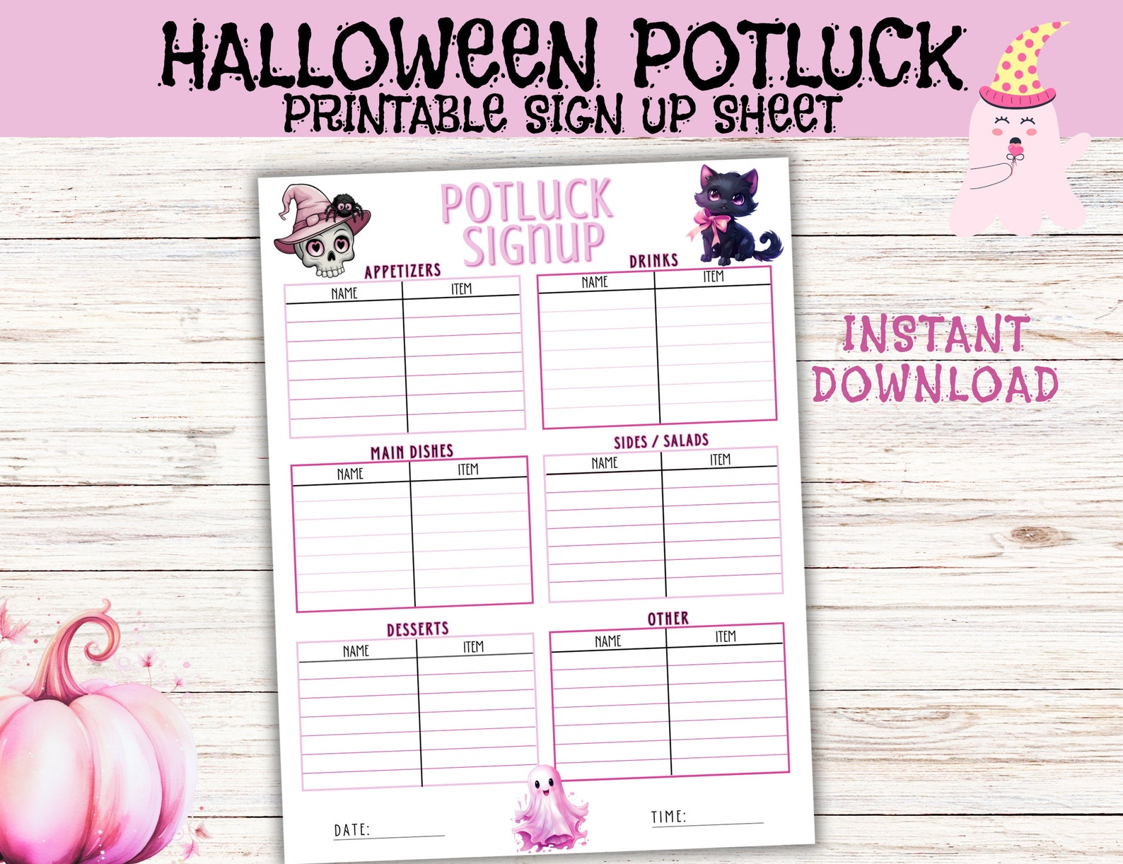 Halloween Potluck Sign up Sheet, Printable Potluck Signup, Retro Pink ...