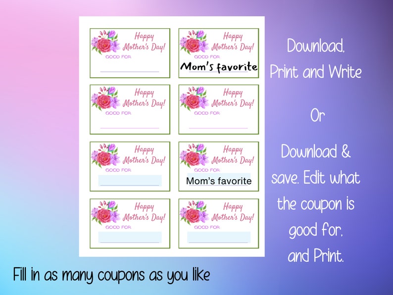 Mothers Day Coupons Printable, Mom Coupon Book, Printable Mother's Day ...
