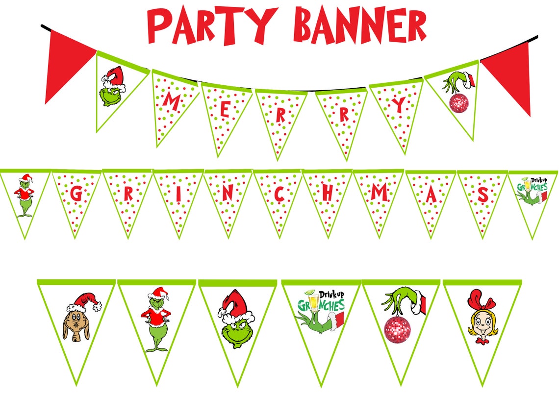 Grinch Christmas Party Banner, Merry Grinchmas Bunting Banner ...