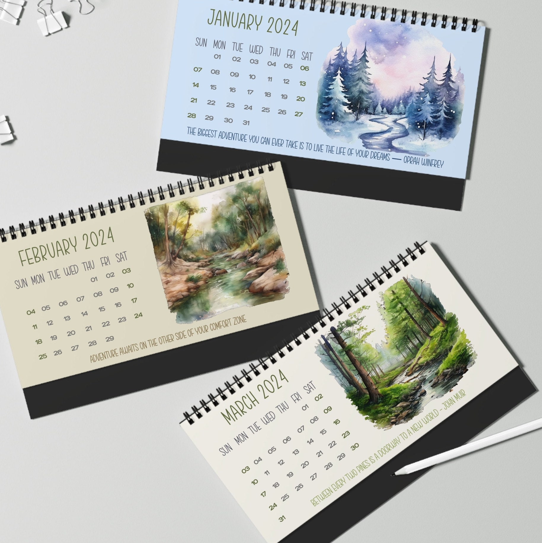 2024 Desk Calendar Watercolor Forest Landscapes and Adventure Quotes ...