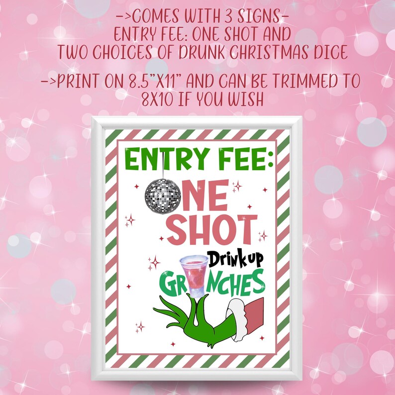 Pink Grinch Entry Fee One Shot and Drunk Dice Bundle, Grinchmas Party ...