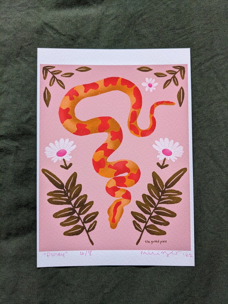 5x7 Orange Snake Art Print With Daisies - Etsy