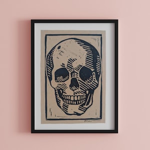 Skull Linocut Print, Unframed Halloween Wall Art, Spooky Home Decor ...