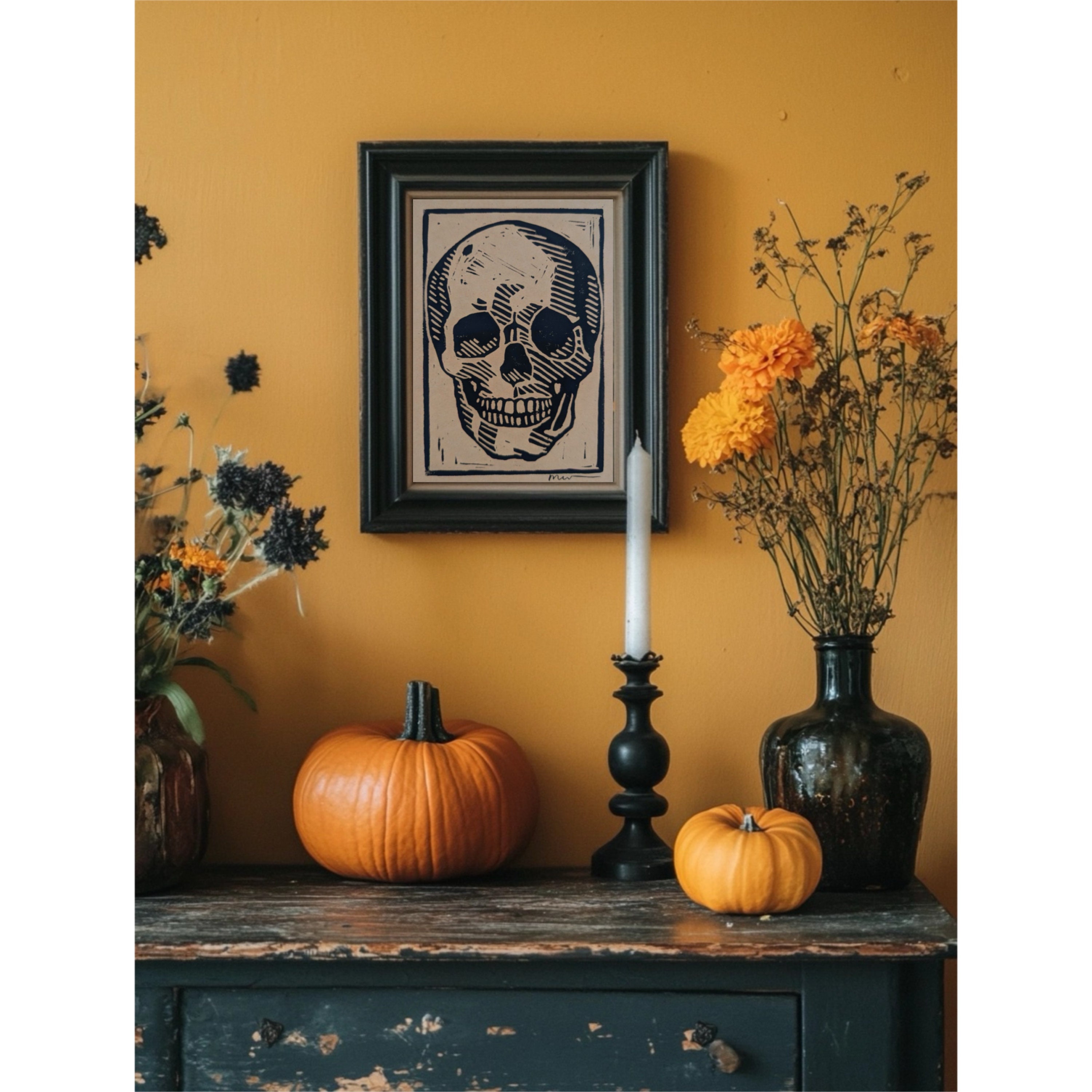 Skull Linocut Print, Unframed Halloween Wall Art, Spooky Home Decor ...