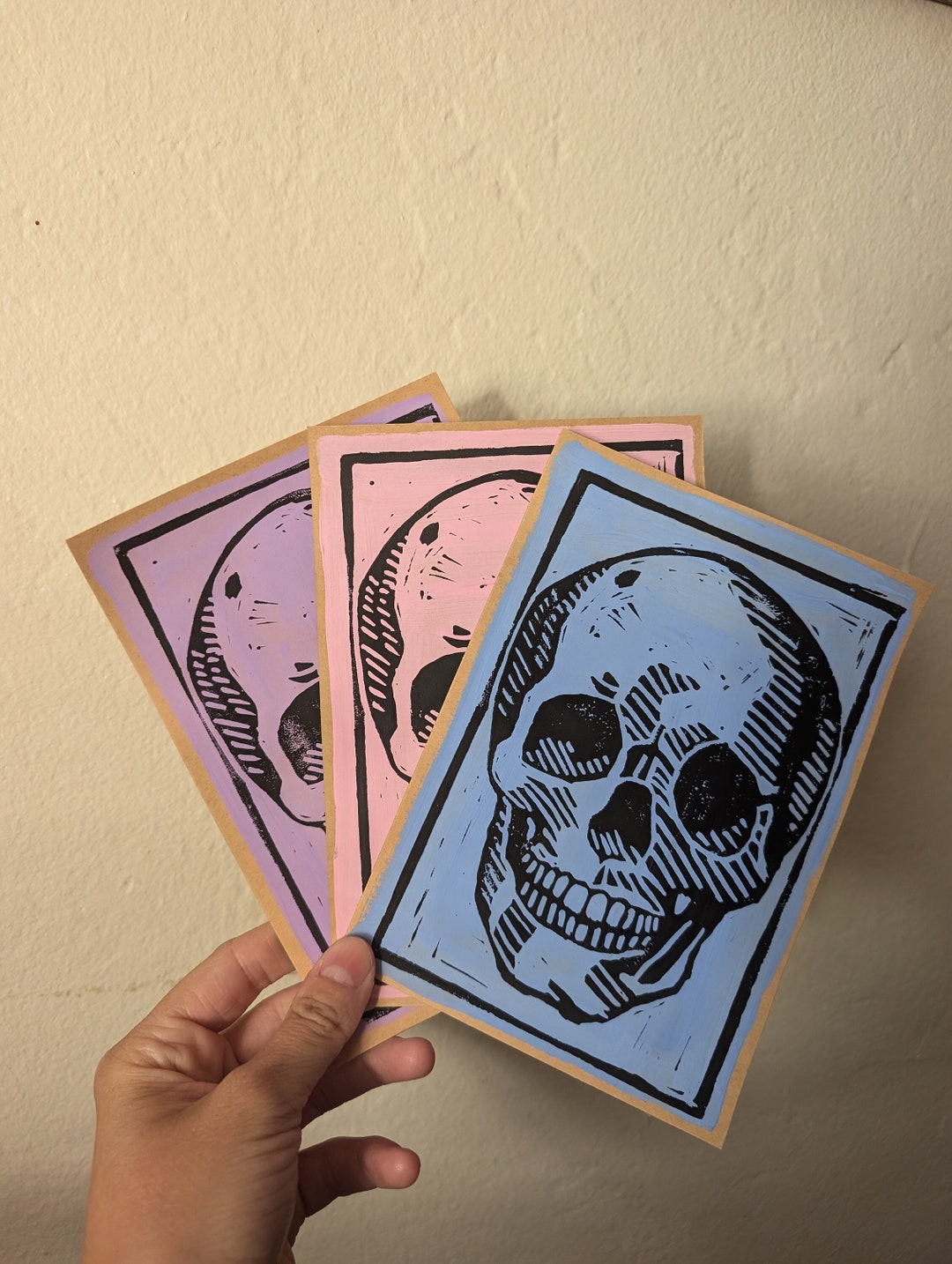 Pastel Skull Linocut Print, Unframed Halloween Wall Art, Spooky Home ...