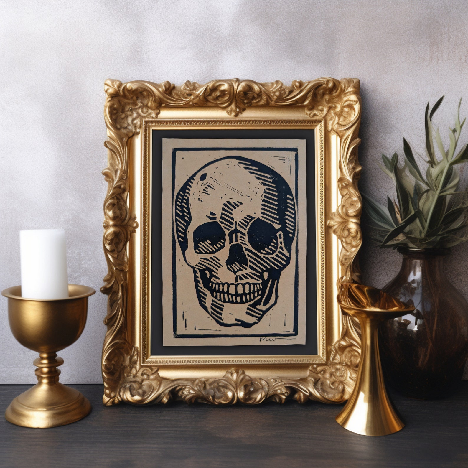 Skull Linocut Print, Unframed Halloween Wall Art, Spooky Home Decor ...