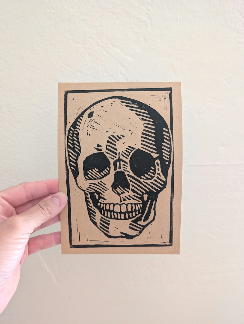Skull Linocut Print, Unframed Halloween Wall Art, Spooky Home Decor ...