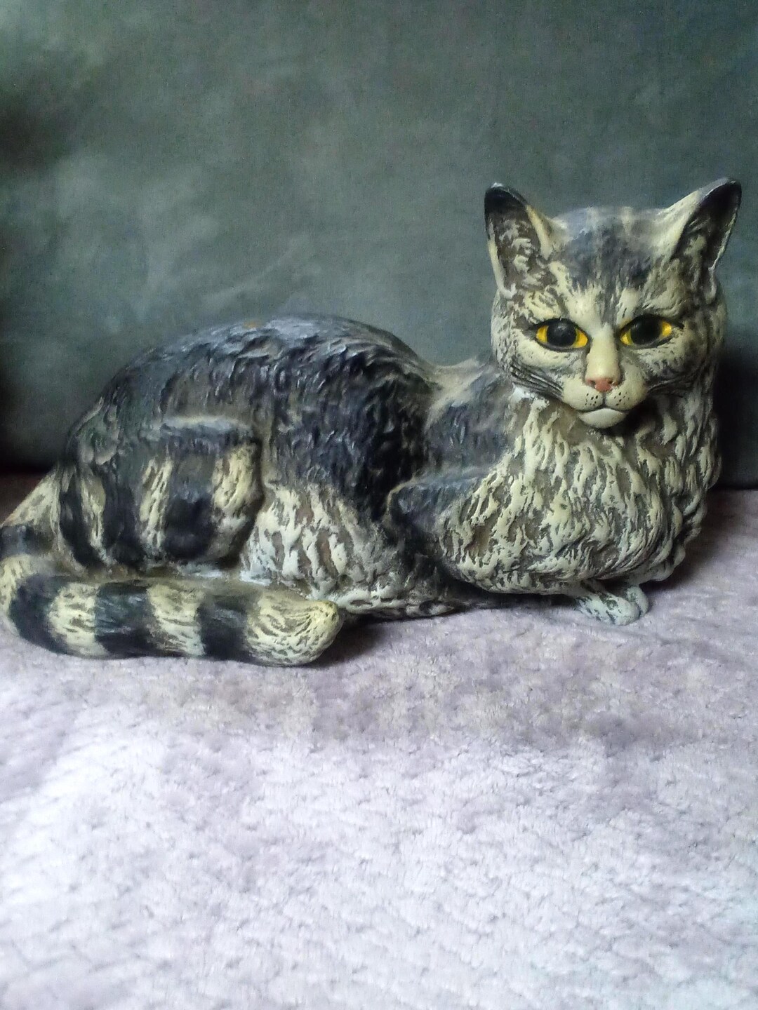 Vintage Hand Painted 14" Gray Tabby Cat Lying Down Ceramic Statue ...