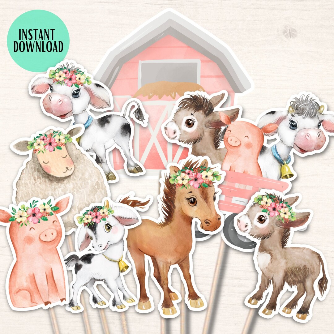 Pink Printable Farm Centerpiecesinstant Download Farm Animals Birthday ...