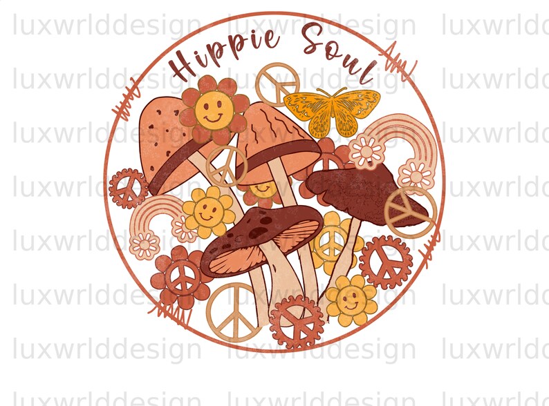 Hippie Soul Retro PNG: Mushroom, Peace Sign Design (digital Download ...