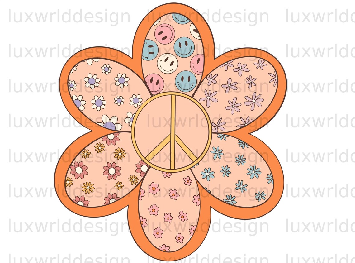 Hippie Flower Peace Sign PNG: Retro Sublimation Design (digital ...