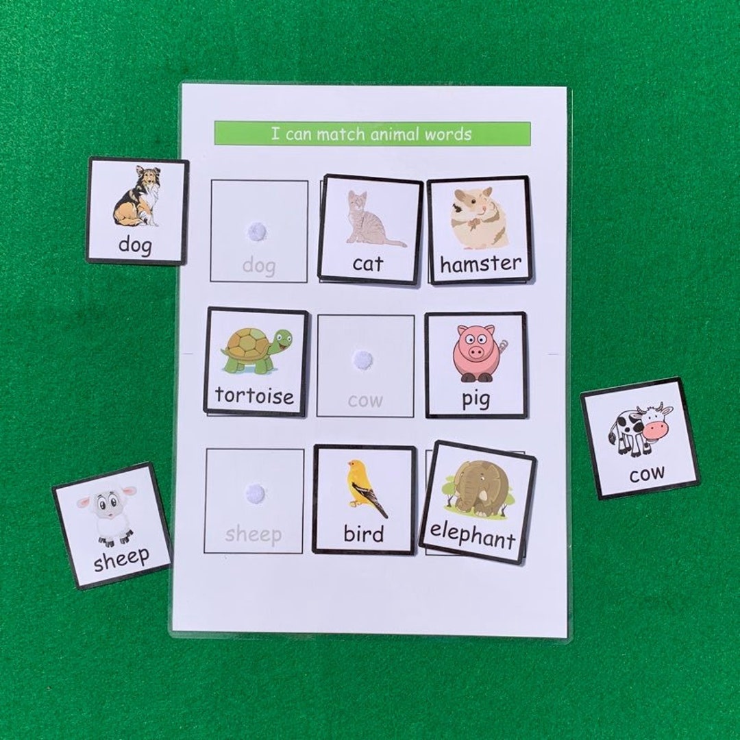 I Can Match Animal Words - Learning Activities Hook and Loop Busy Book ...