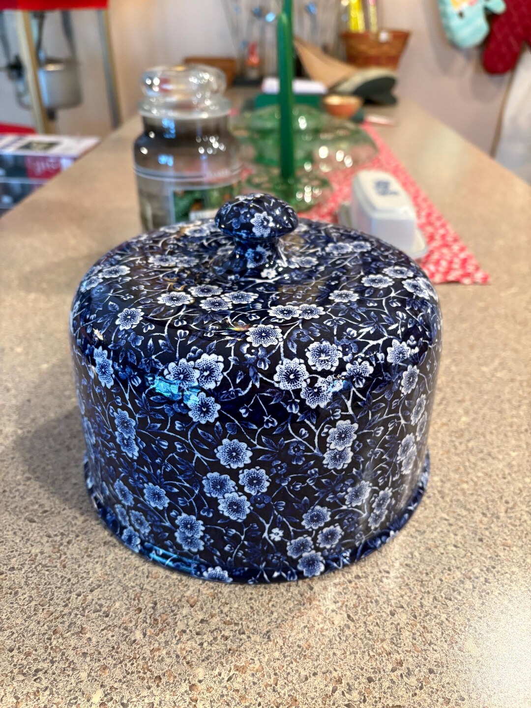 Vintage Round BLUE CALICO Covered Cheese Dish Lid Only Crownford ...
