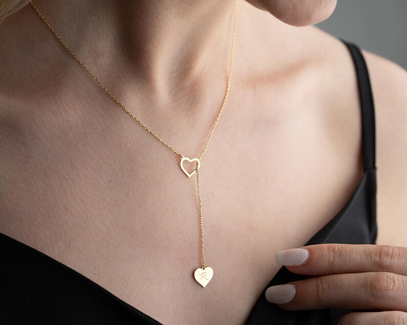 14K Solid Gold Initial Heart Pendant Necklace, Personalized Jewelry - Etsy