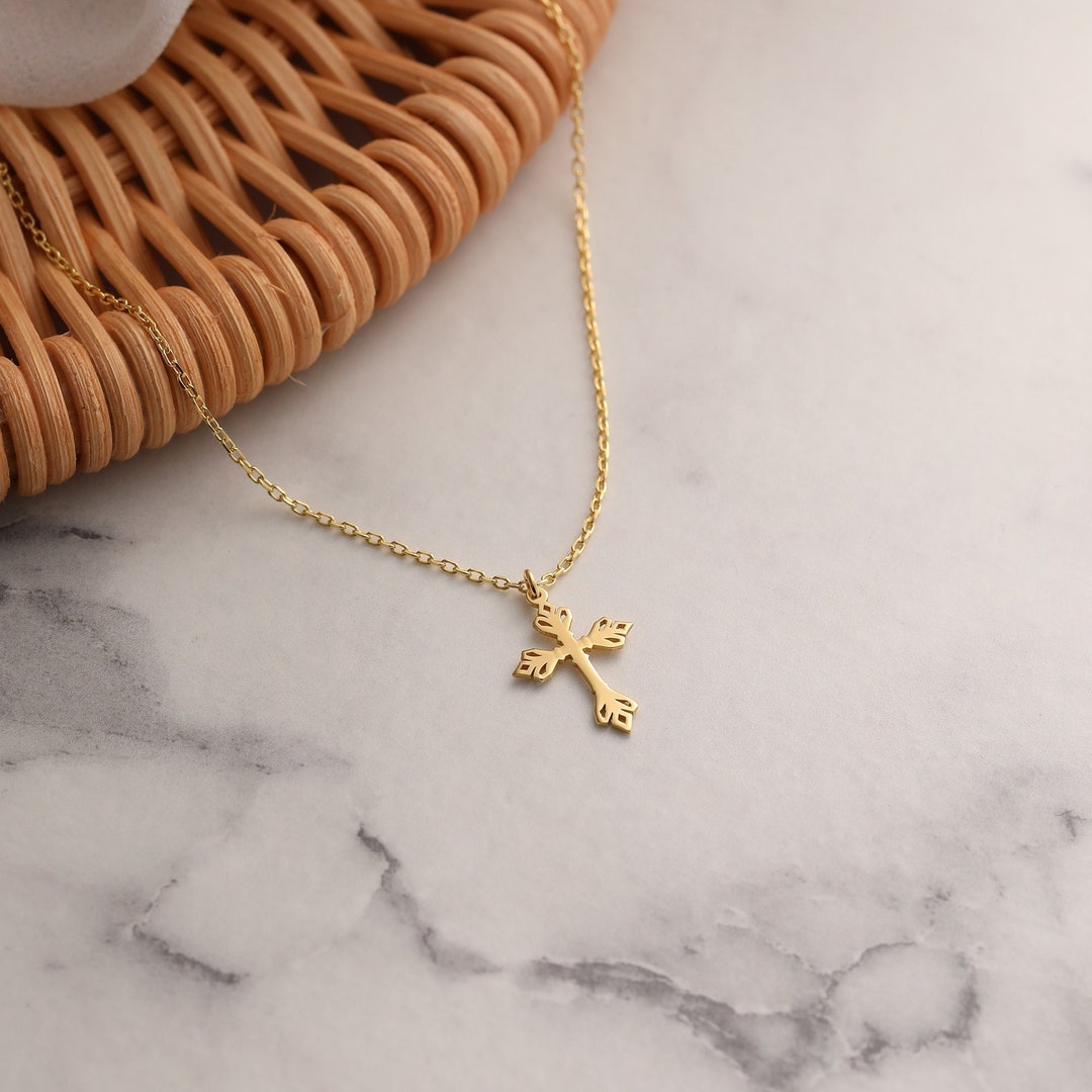 14K Solid Gold Cross Necklace, Small Cross Necklace for Women, Tiny ...