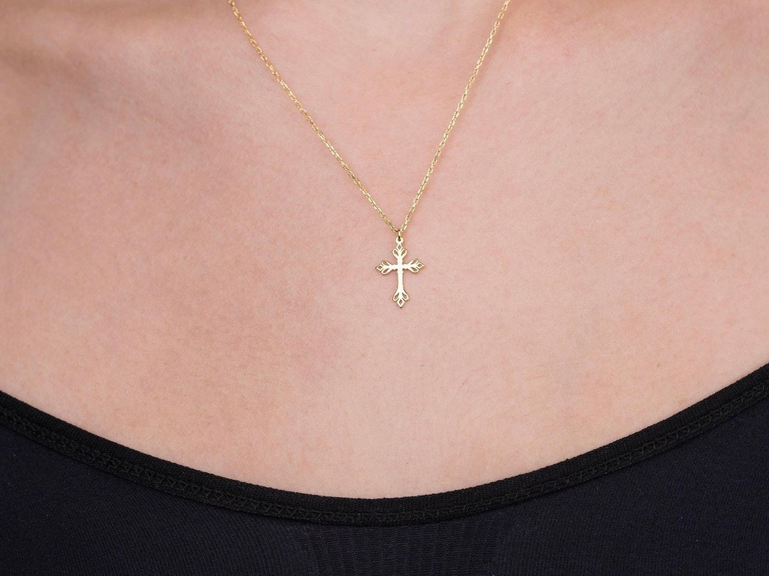 Tiny 14K Solid Gold Cross Necklace, Dainty Real White Gold Cross ...