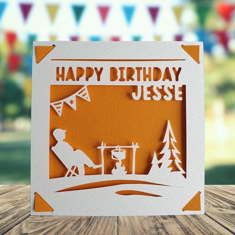 Camping Happy Birthday Personalised Papercut Card, Happy Birthday Card ...