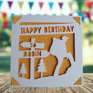 Hiking Happy Birthday Personalised Papercut Card, Happy Birthday Card ...
