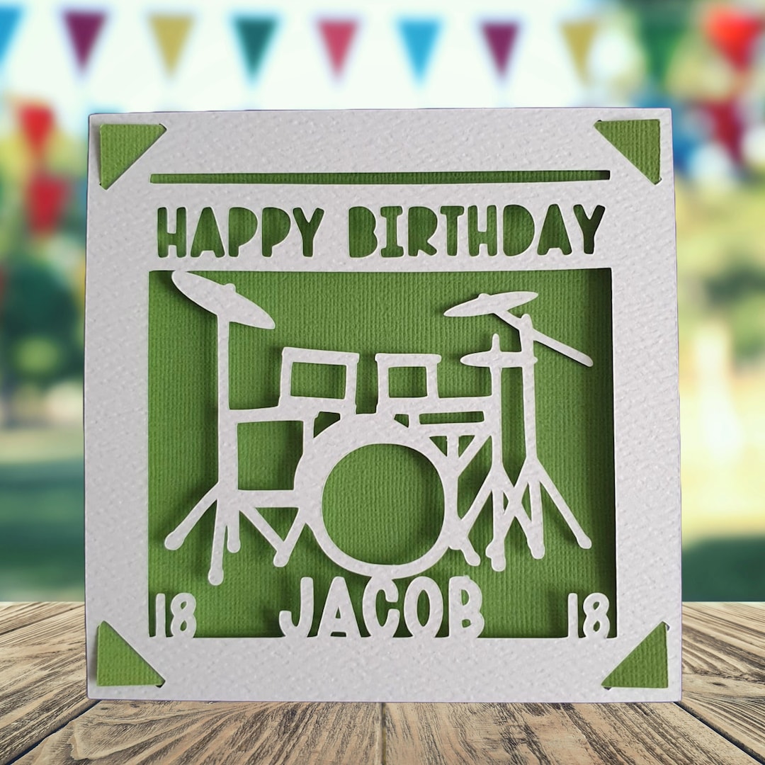 Drum Happy Birthday Personalised Papercut Card, Happy Birthday Card for ...